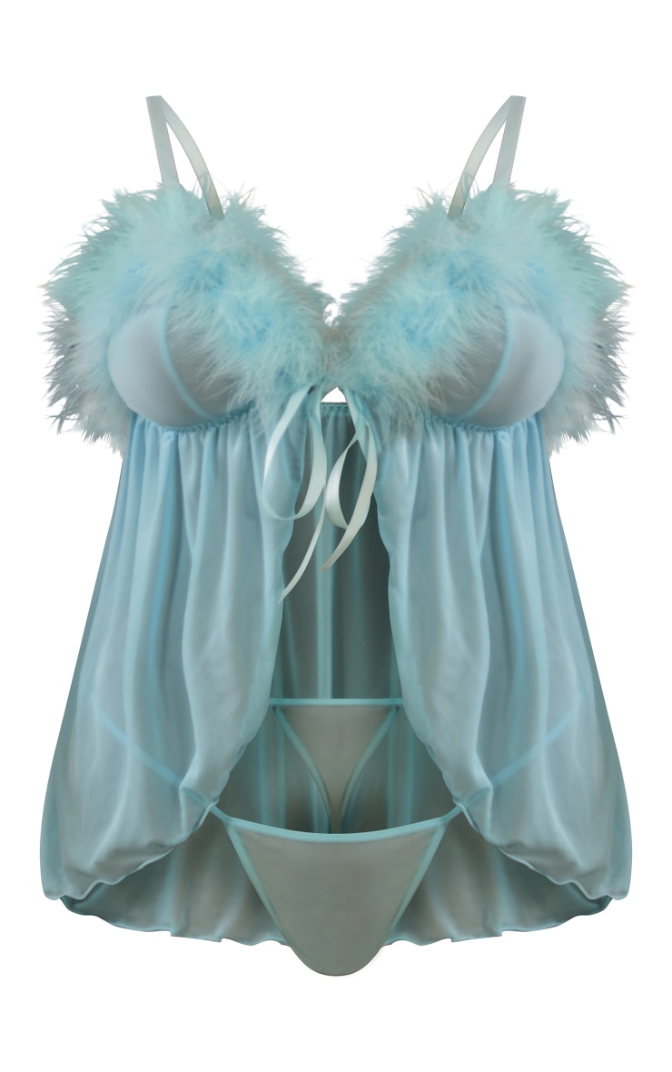 Teal Mesh Fur Trim Tie Front Babydoll Set | PrettyLittleThing