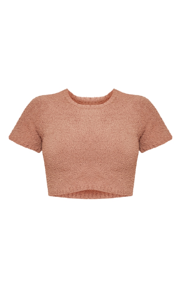 Brown Teddy Knit Short Sleeve Crop Top | PrettyLittleThing