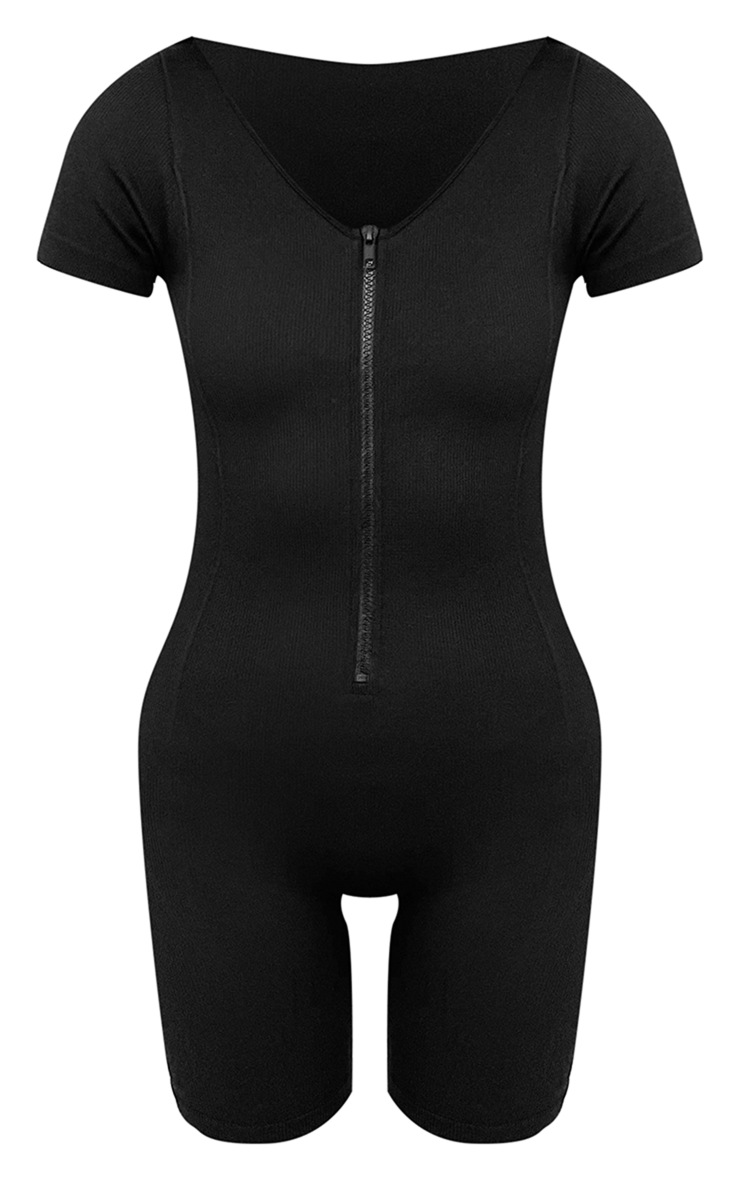 Black Contour Rib Zip Detail Unitard | Dresses | PLT