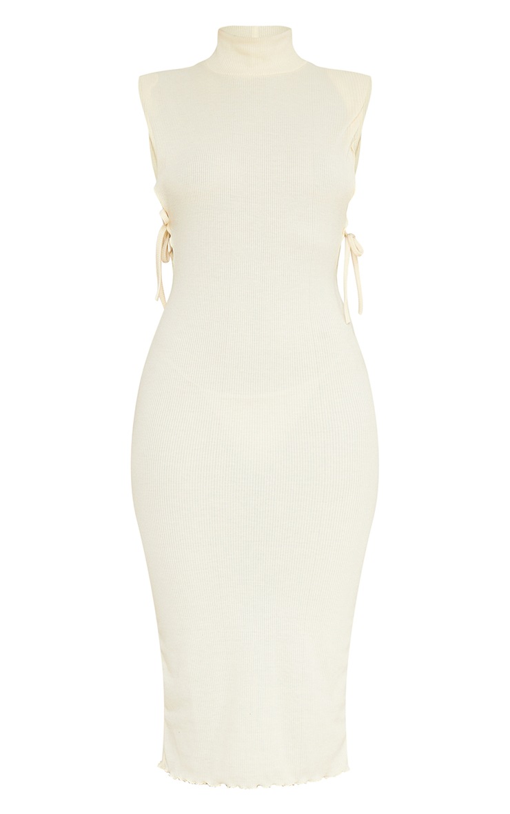 Cream Rib Drop Arm Tie High Neck Midaxi Dress | PrettyLittleThing