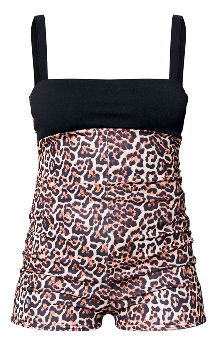Brown Leopard Print Contrast Strappy Unitard | Dresses | PLT