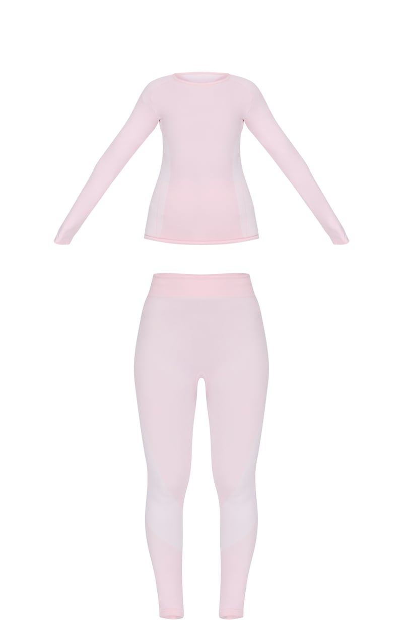 PLT SKI Pink Contrast Detailing Thermal Top Legging Set | Athleisure | PLT