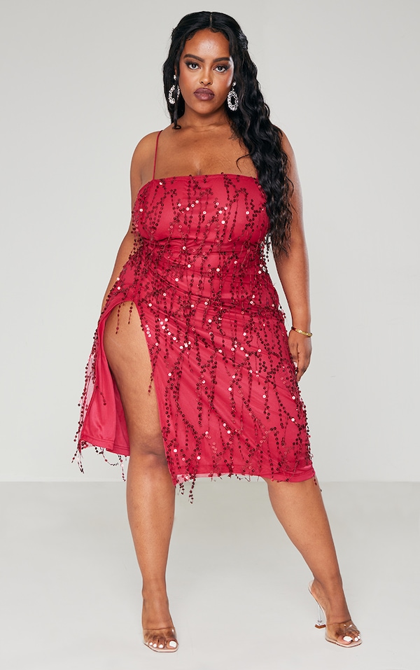 Plus Red Sequin Tassel Detail Midi Dress | PrettyLittleThing USA