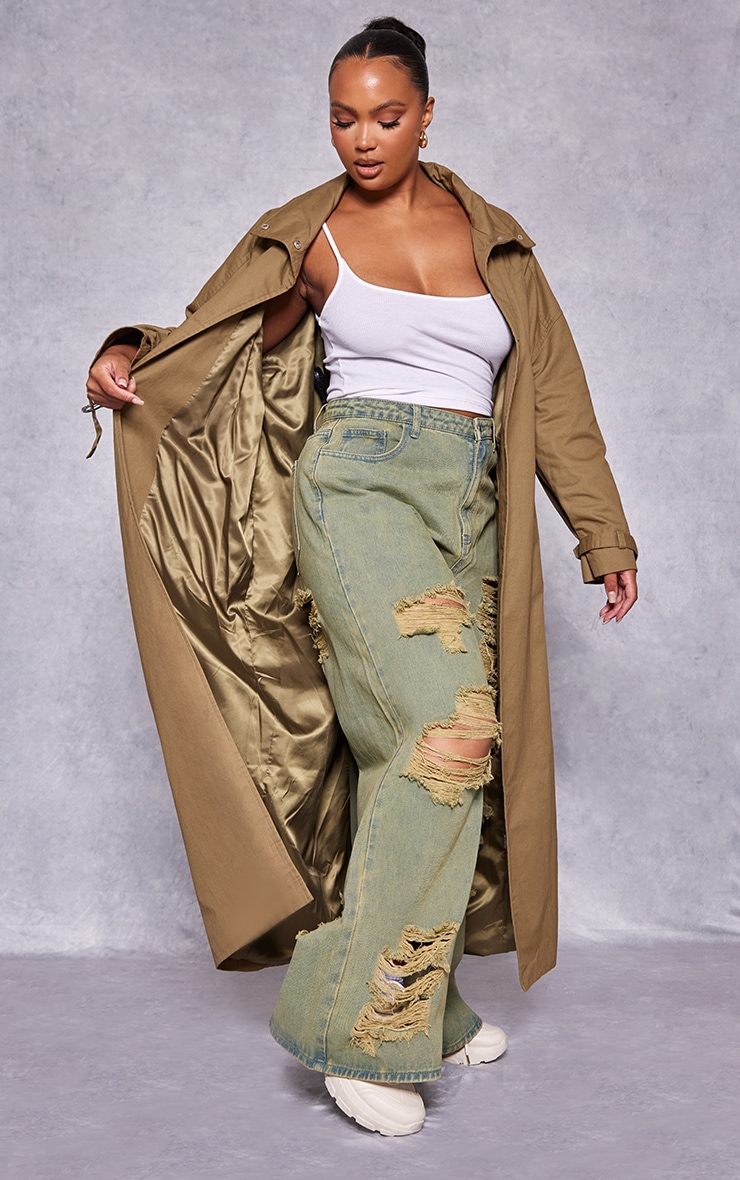 Plus Khaki Belted Cuff Detail Trench Coat | Plus Size ...