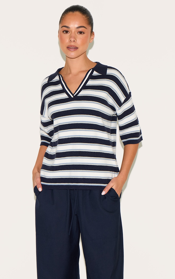 Navy Stripe Soft Knit V Neck Collar Polo Top | Knitwear ...