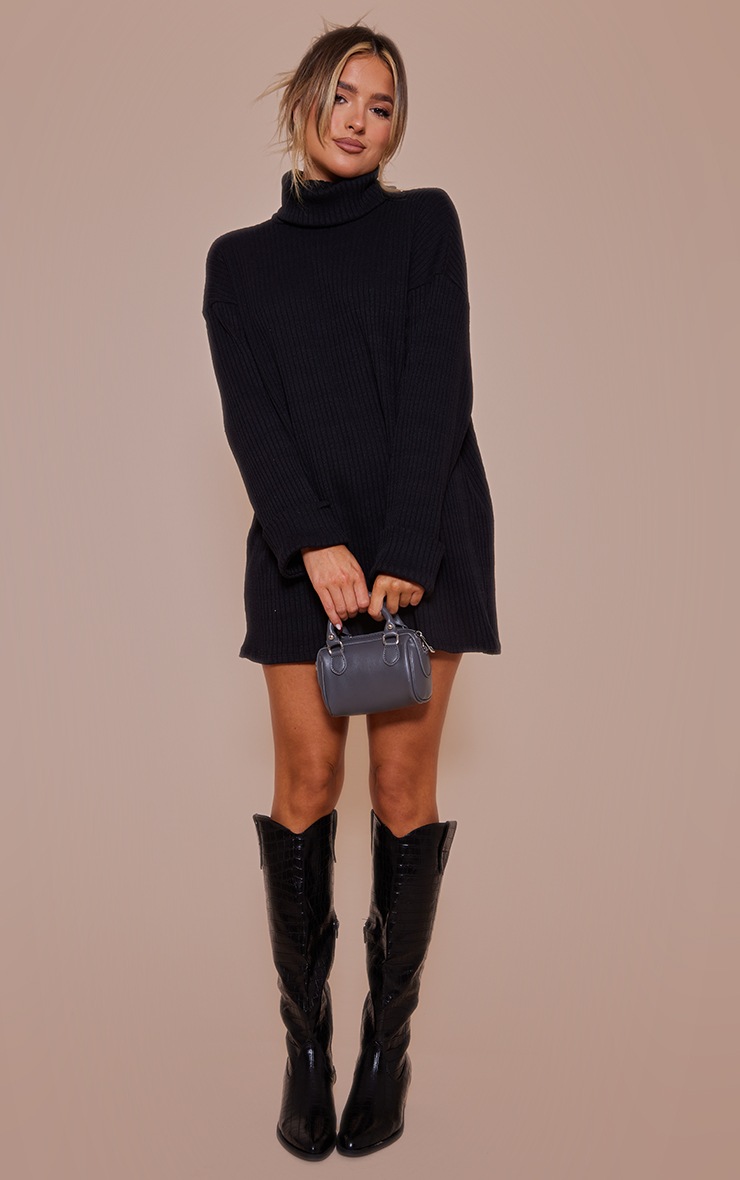 Black Marl Rib Roll Neck Oversized Sweater Dress | Dresses ...