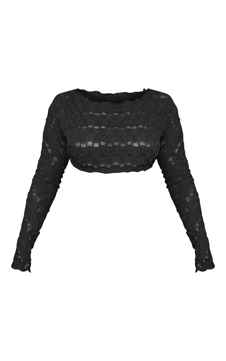 Black Textured Long Sleeve Extreme Crop Top | PrettyLittleThing