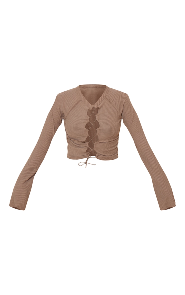 Stone Rib Lace Up Front Long Sleeve Crop Top Prettylittlething Uae