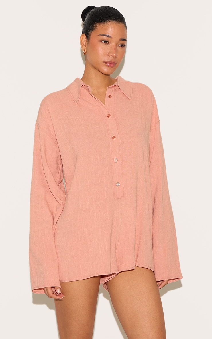 Peach Linen Look Floaty Shirt Detail Romper | Dresses | PLT USA