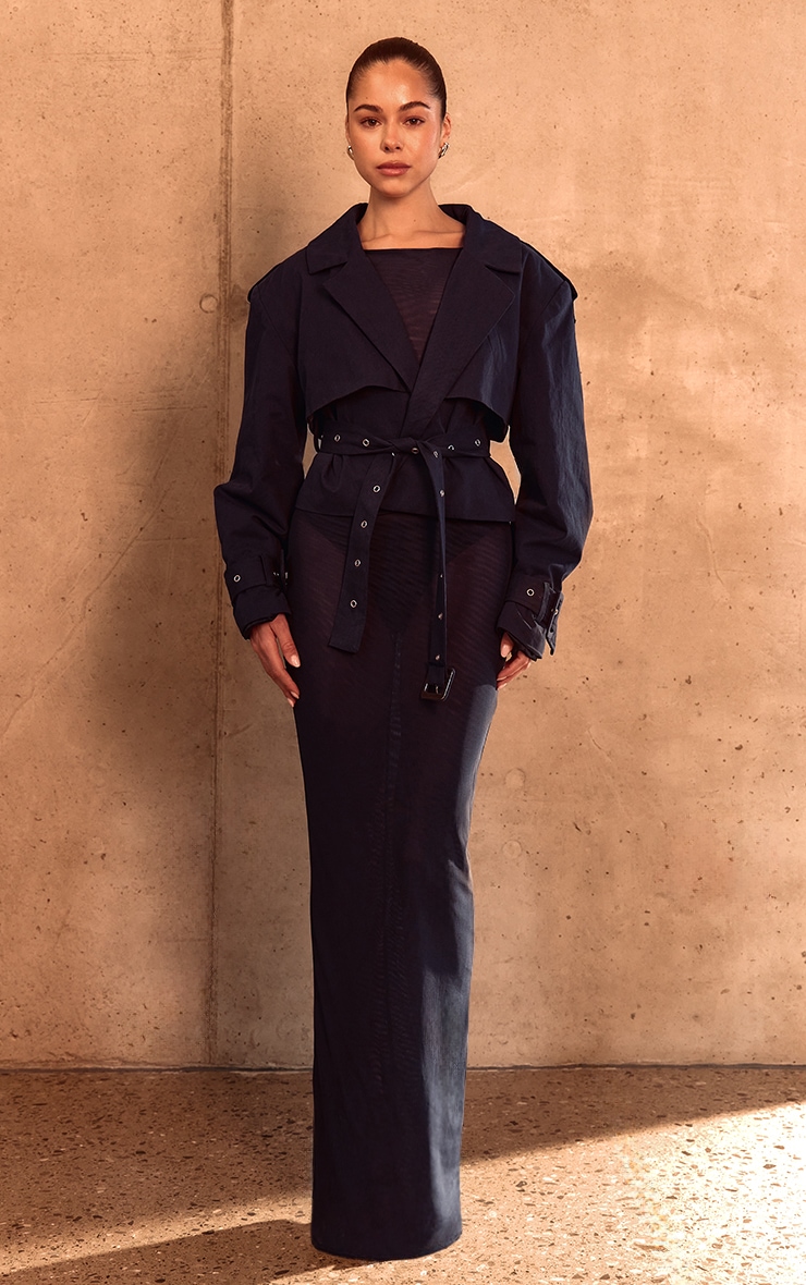PLT Label Navy Belt Detail Cropped Trench Coat | Outerwear ...