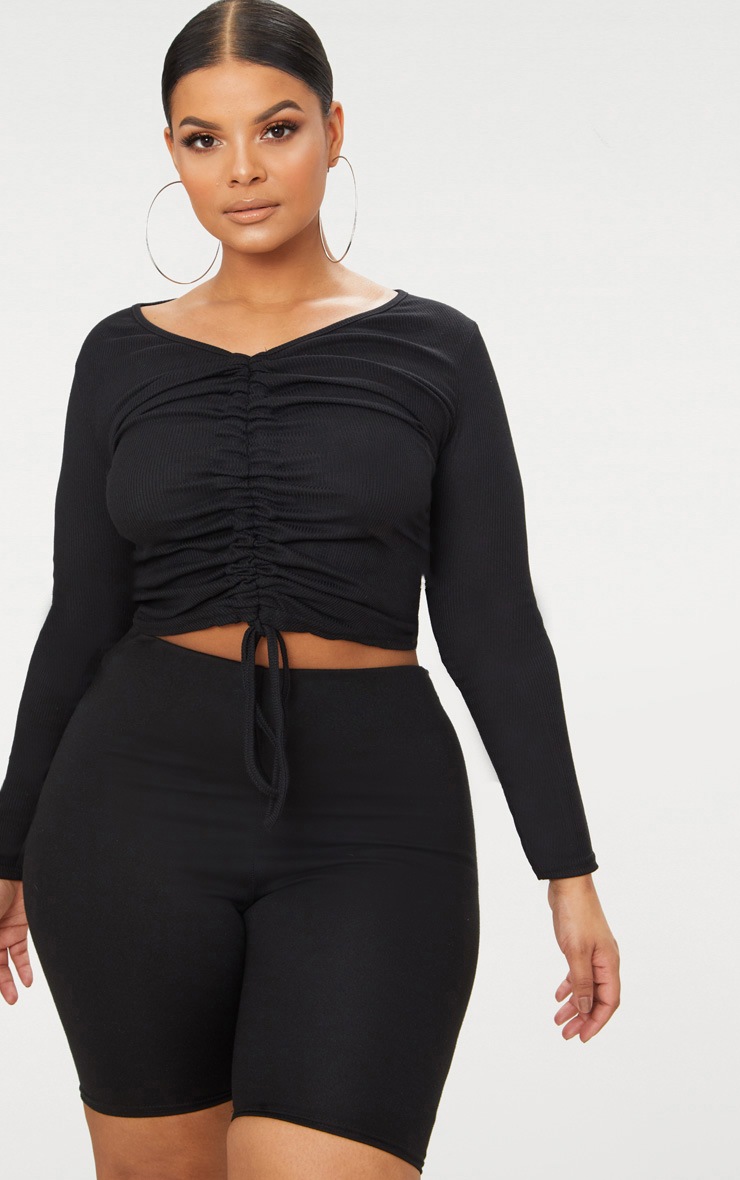 Plus Black Ribbed Ruched Crop Top | Plus Size | PLT USA