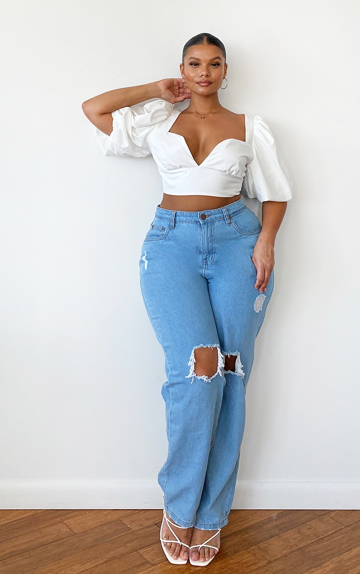 Plus White Woven Puff Sleeve Structured Crop Top | Plus Size ...