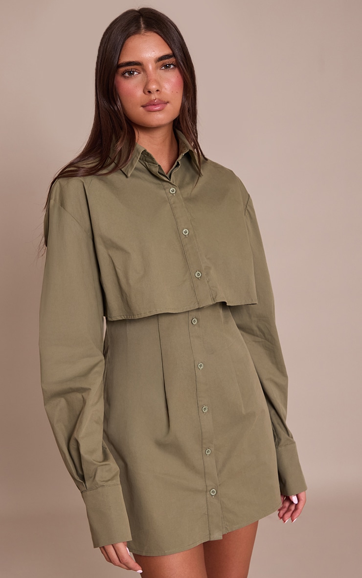 Khaki Overlay Detail Long Sleeve Shirt Dress | Dresses | PLT USA