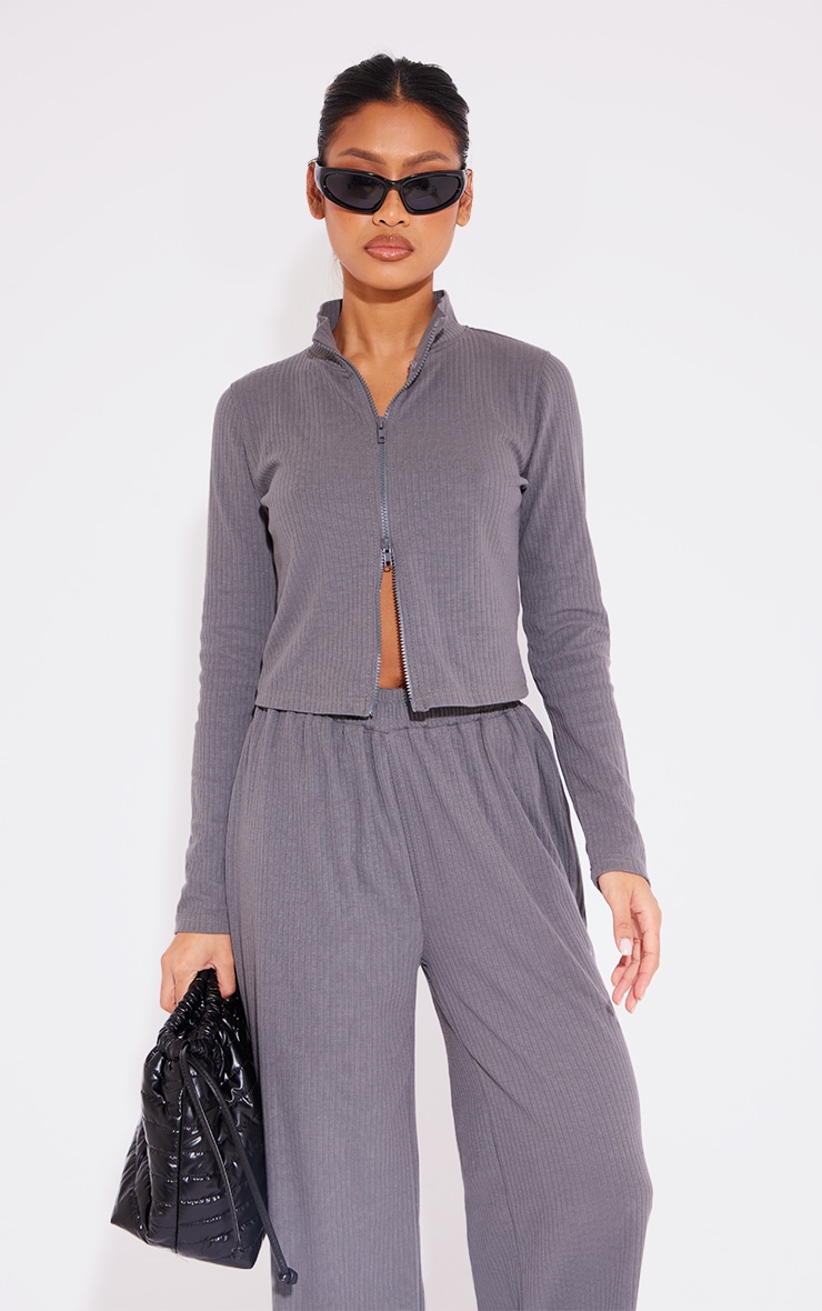 Charcoal Wide Rib Double Zip Through Top | Athleisure | PLT