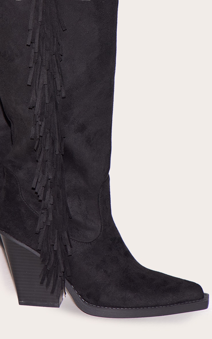 Black Point Toe Fringed High Block Heel Knee Boots | Footwear | PLT