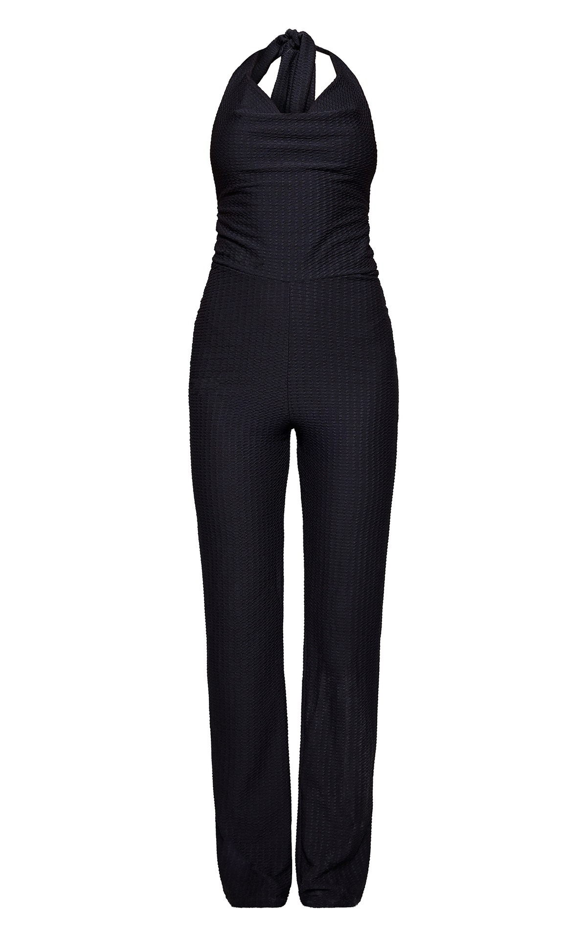 Black Textured Halterneck Wide Leg Cowl Jumpsuit | Dresses | PLT USA