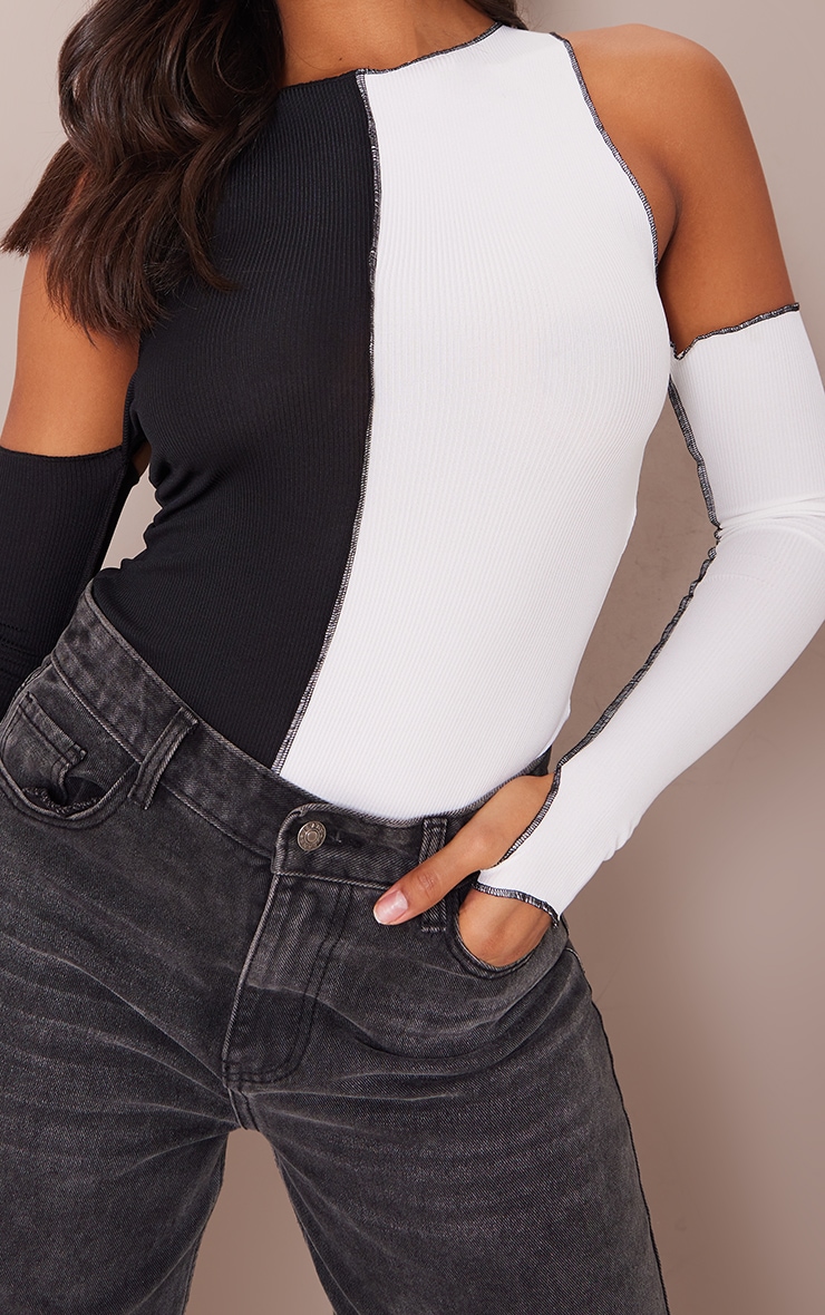 Black Rib Spliced Cold Shoulder Bodysuit | Tops | PLT