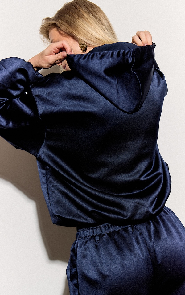 Navy Satin Zip Up Hooded Pullover Jacket | Co-ords | PLT