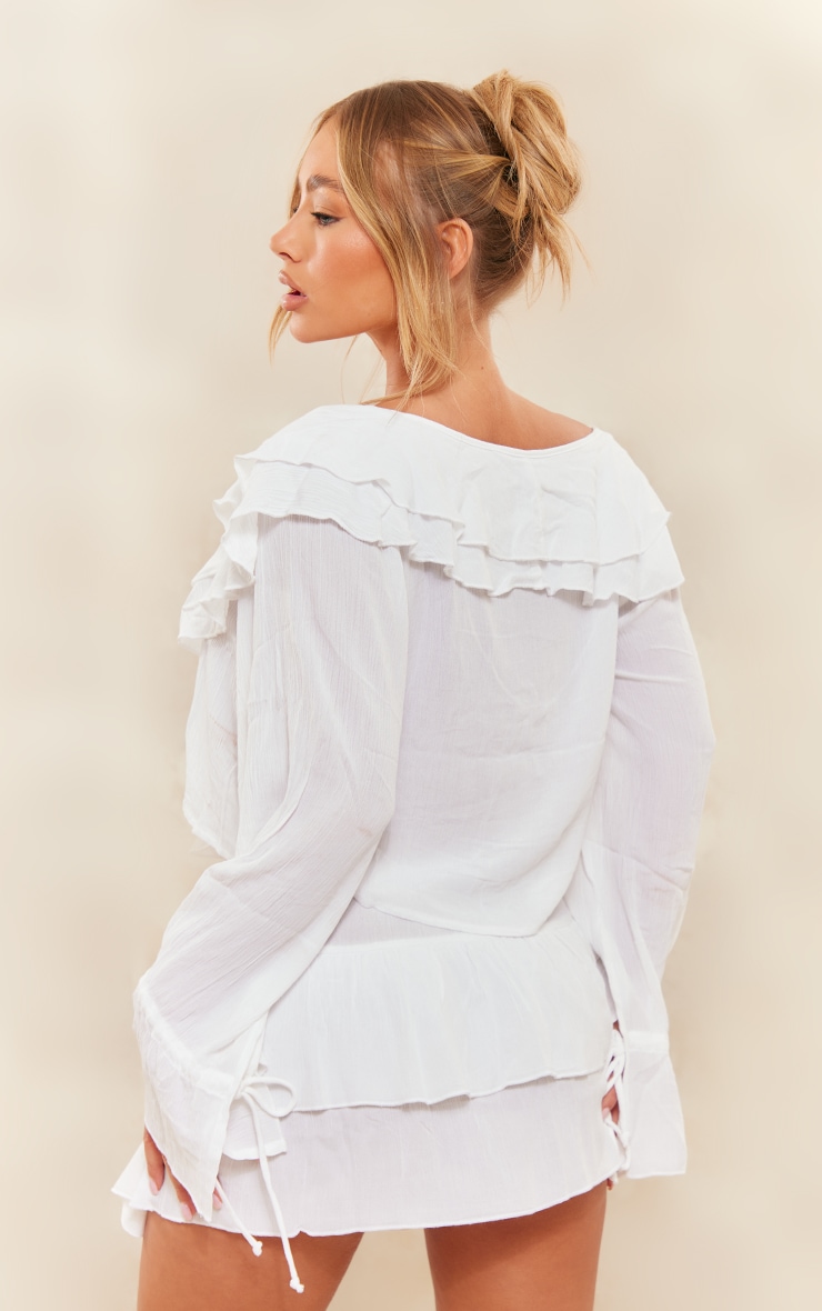 White Cheesecloth Ruffle Trim Floaty Blouse | PrettyLittleThing USA