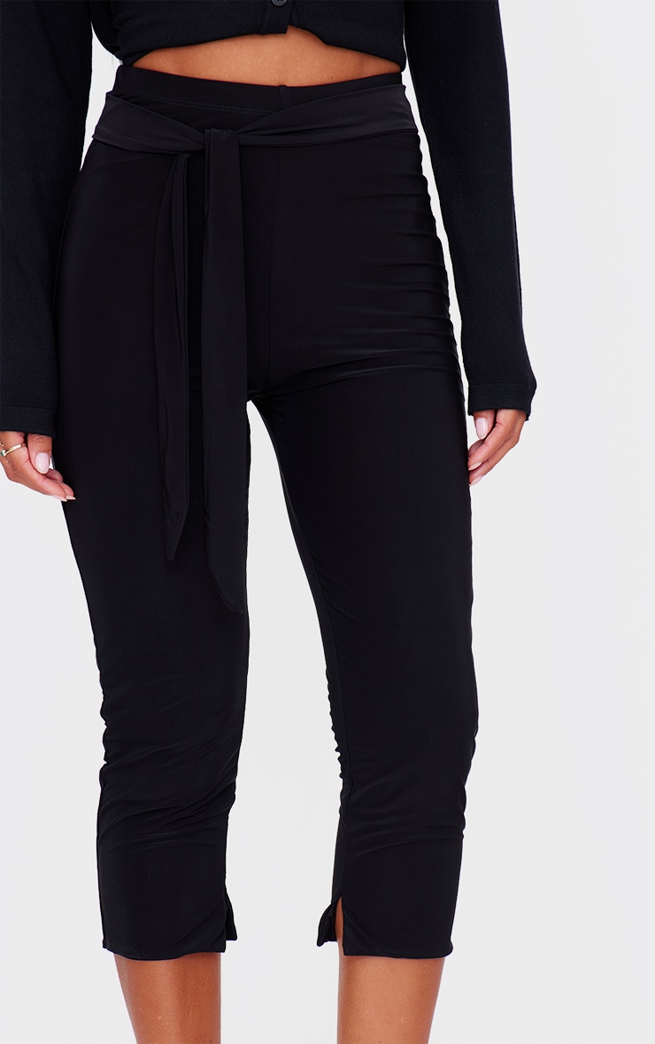 Black Double Layer Wrap Waist Capri Leggings | Bottoms ...