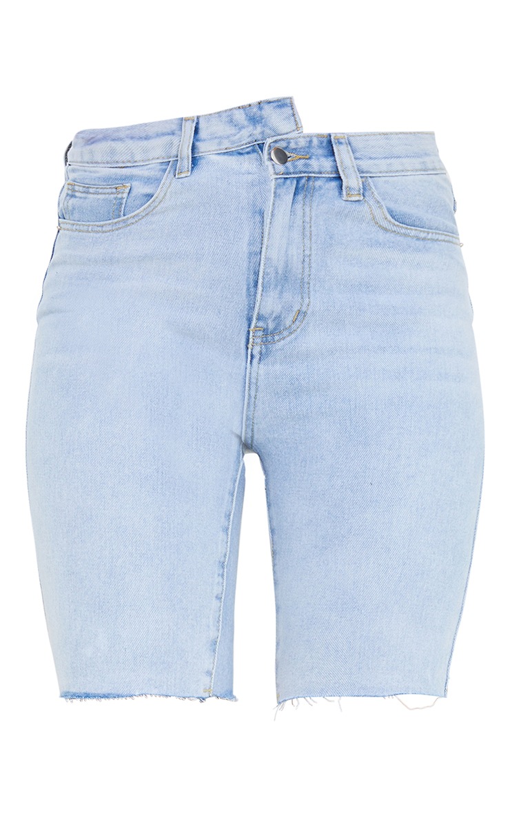 Light Blue Wash Asymmetric Waist Longline Denim Shorts | Denim | PLT