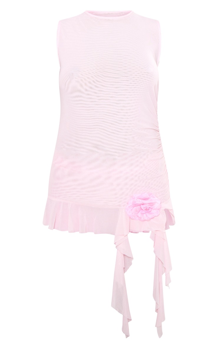 Baby Pink Mesh Floral Frill Long Line Top | PrettyLittleThing QA