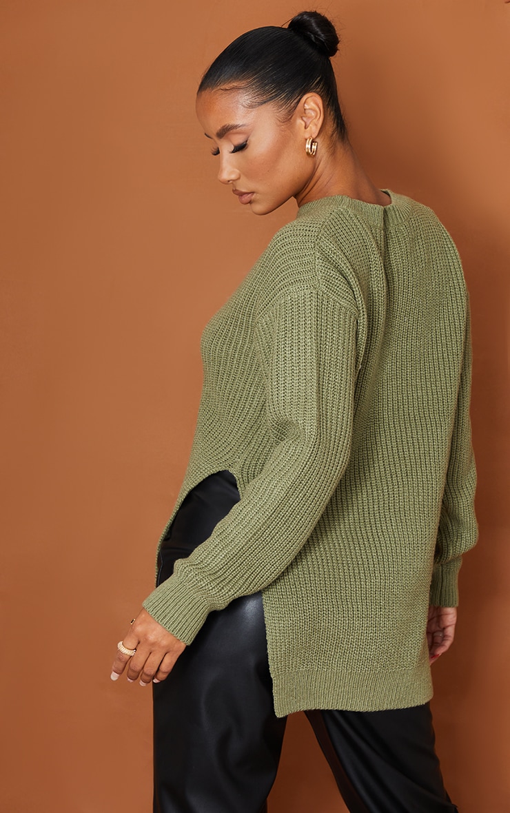 Rexx Khaki Round Neck Side Split Sweater | PrettyLittleThing USA