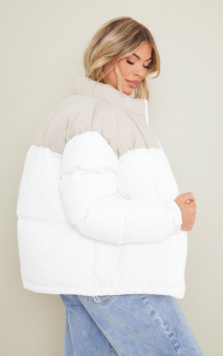 White And Stone Contrast Panel Oversized Puffer Coat | PrettyLittleThing SA