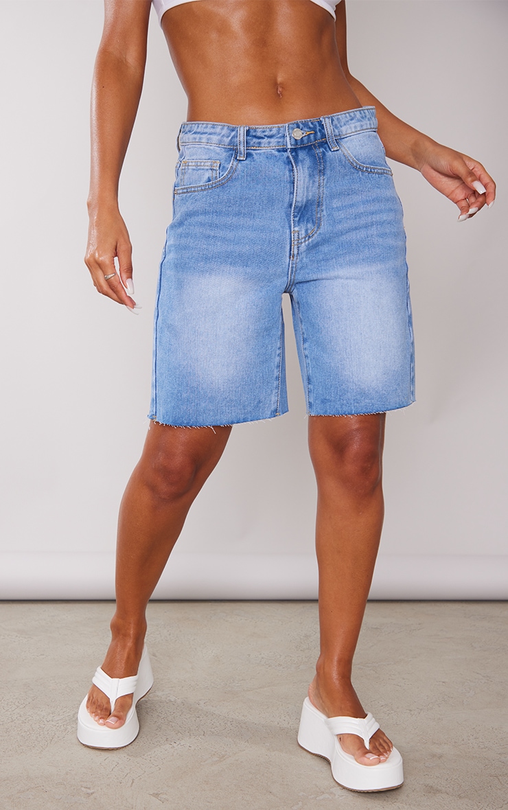 Faded Mid Blue Wash Loose Fit Boyfriend Denim Shorts | Denim ...