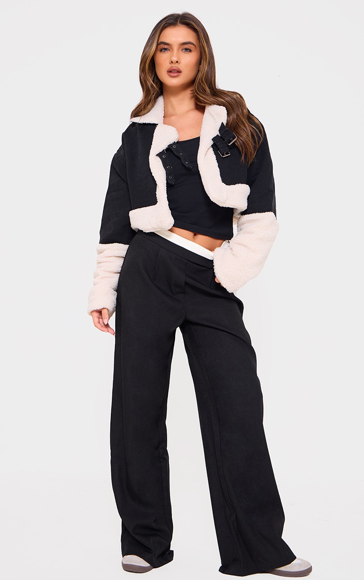 Black Cropped Denim Borg Contrast Aviator Jacket | Denim ...