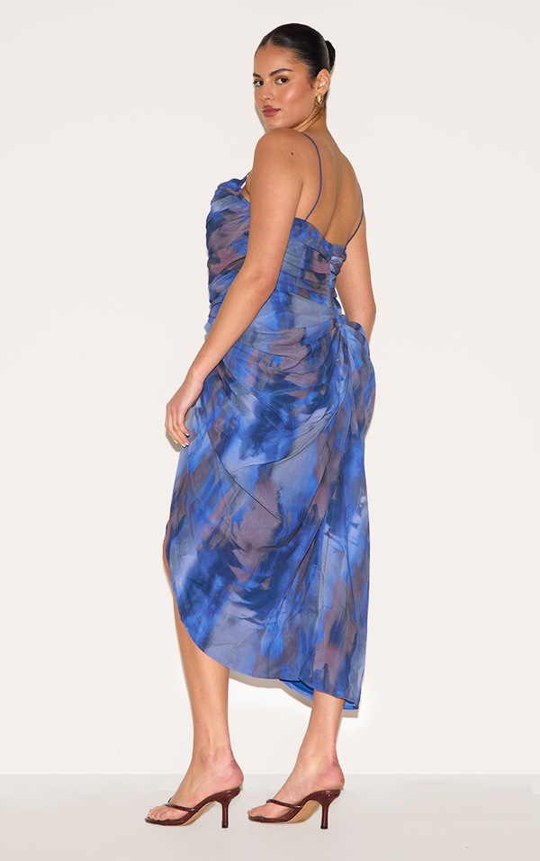 Plus Blue Abstract Chiffon Ruched Drape Midi Dress | Plus Size ...