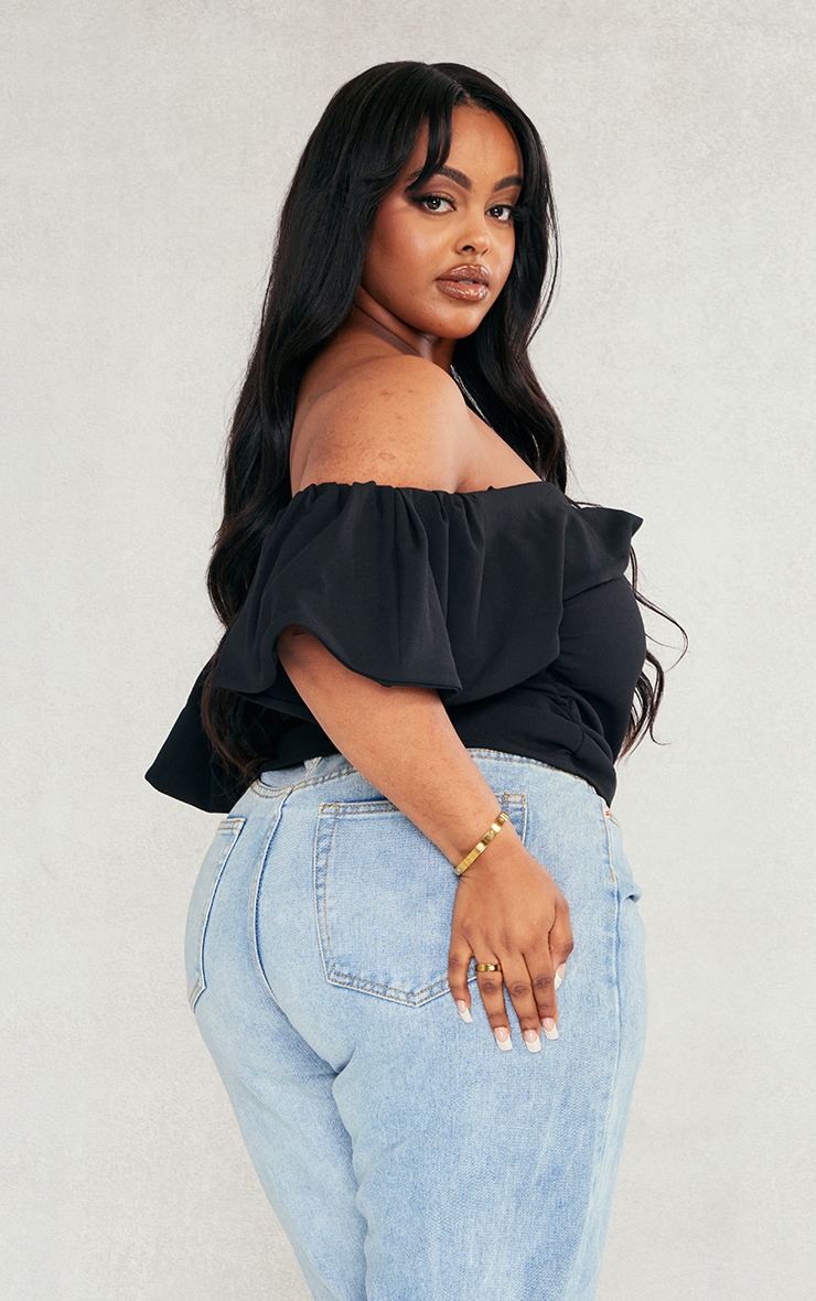 Plus Black Ruffle Bardot Top | Plus Size | PrettyLittleThing CA