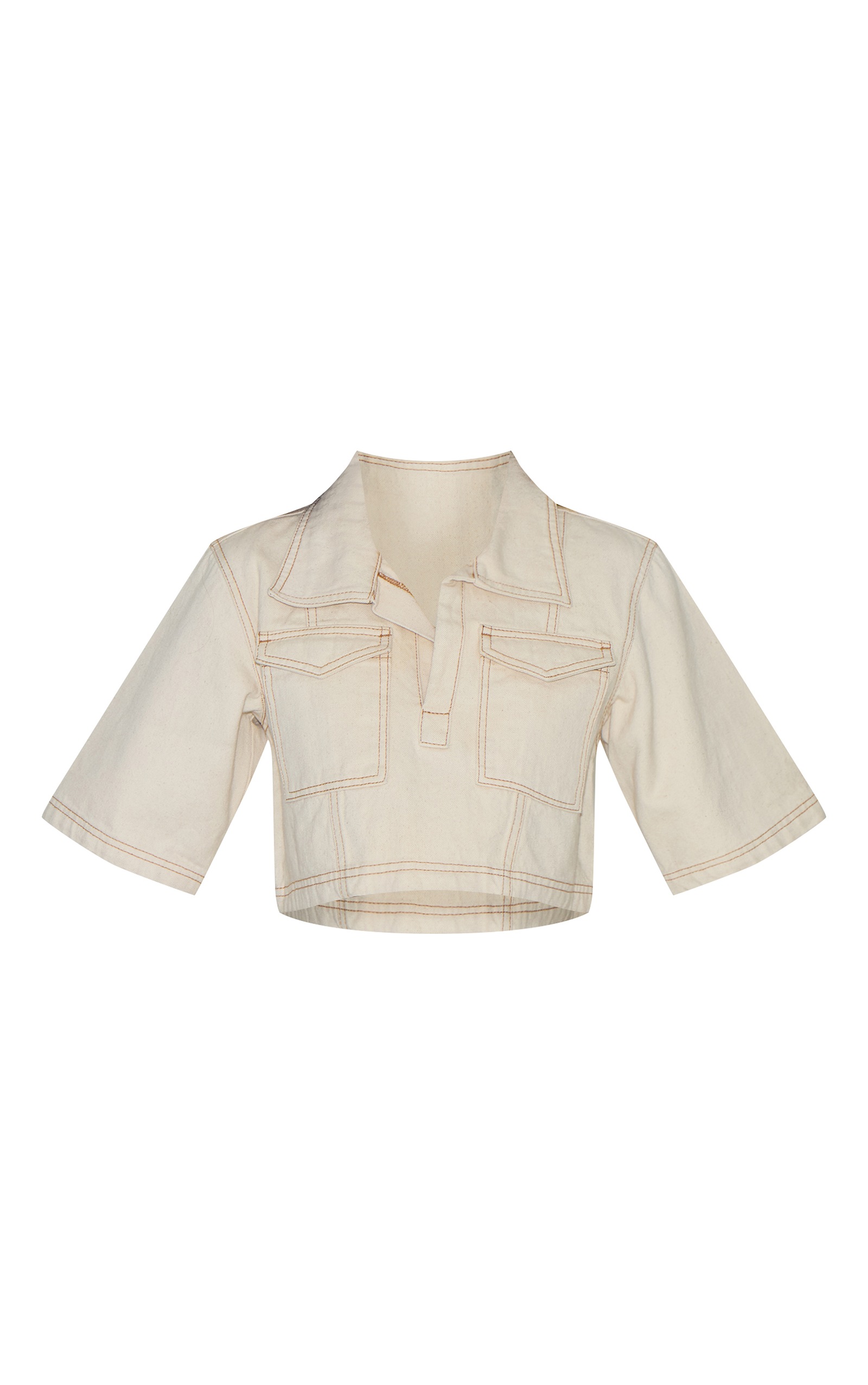 Ecru Contrast Stitched Cropped Denim Shirt | Denim | PrettyLittleThing USA