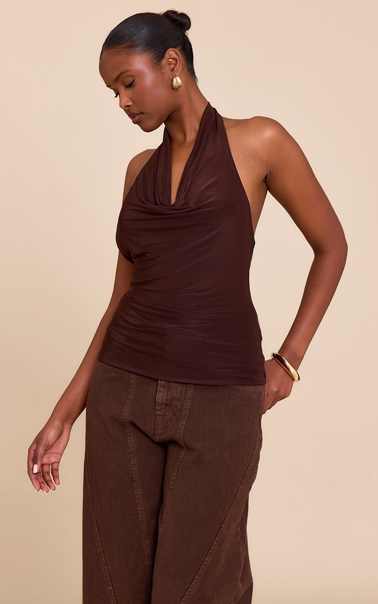 Chocolate Double Layer Backless Trim Long Top | Tops ...
