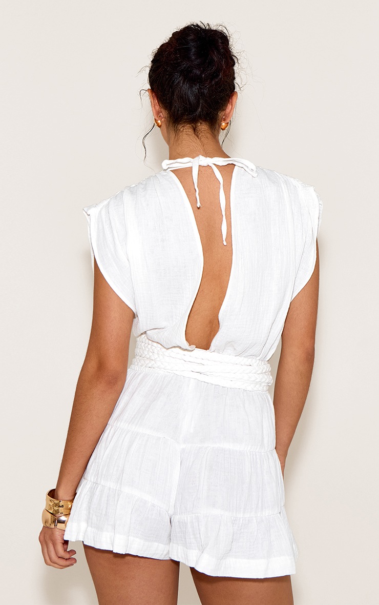 White Textured V Neck Tie Waist Playsuit | Dresses | PLT