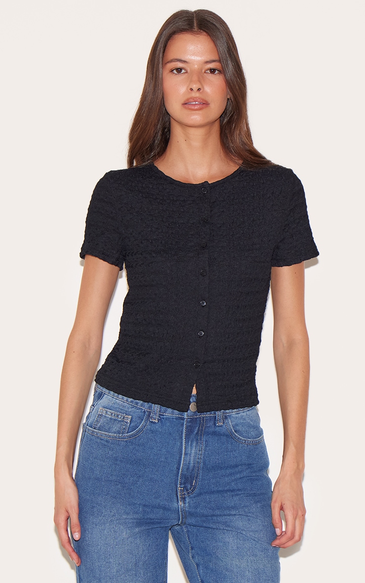 Black Textured Button Up Fitted Top | Tops | PrettyLittleThing USA