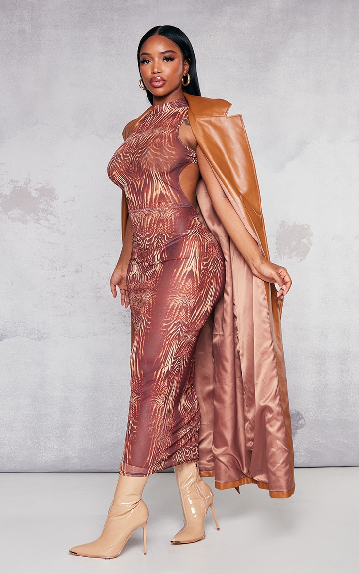 Shape Robe mi-longue marron mesh zébré col montant découpe ...