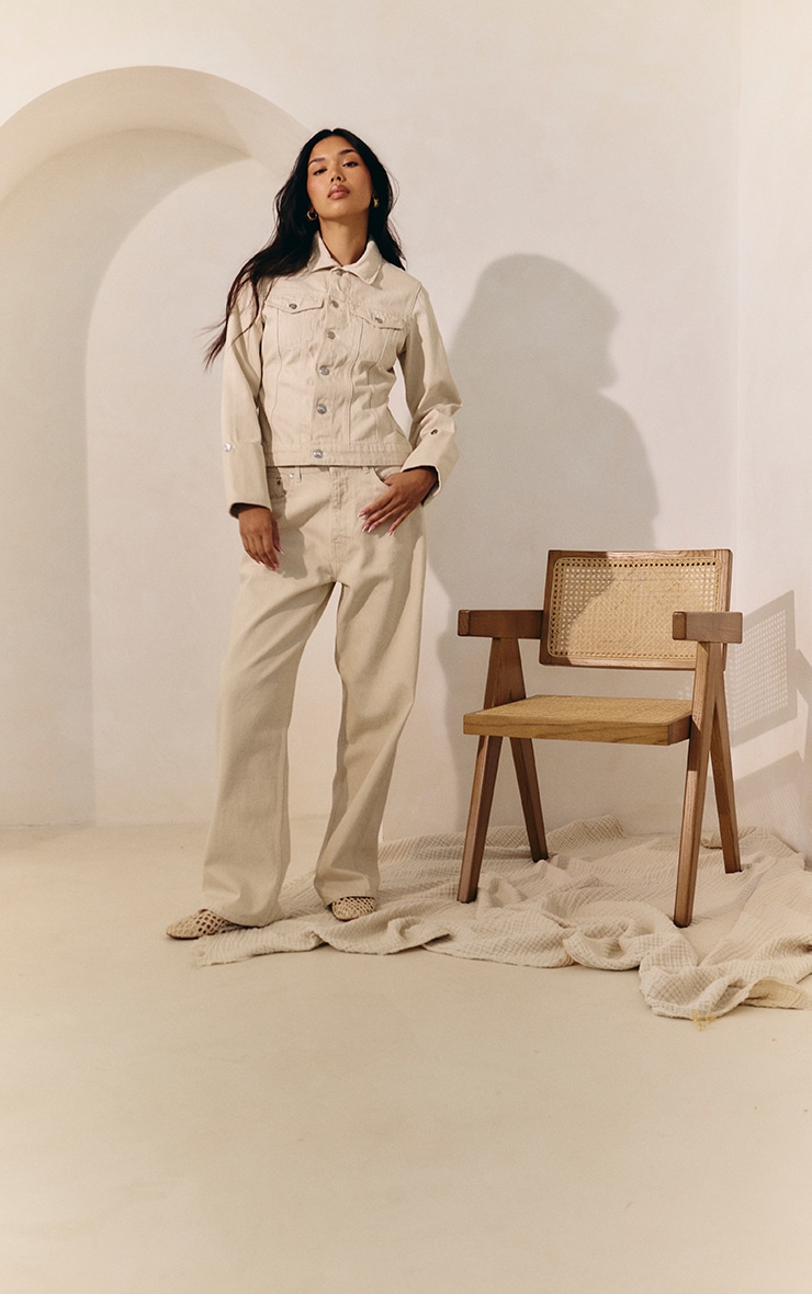 Ecru Turn Up Cuff Cinched Back Denim Jacket | Denim | PrettyLittleThing USA