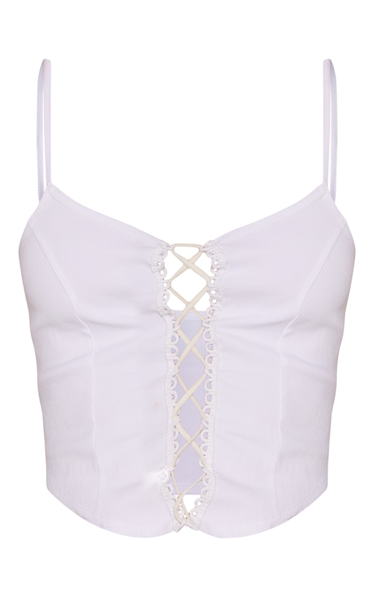 White Stretch Woven Lace Up Front Crop Top | PrettyLittleThing