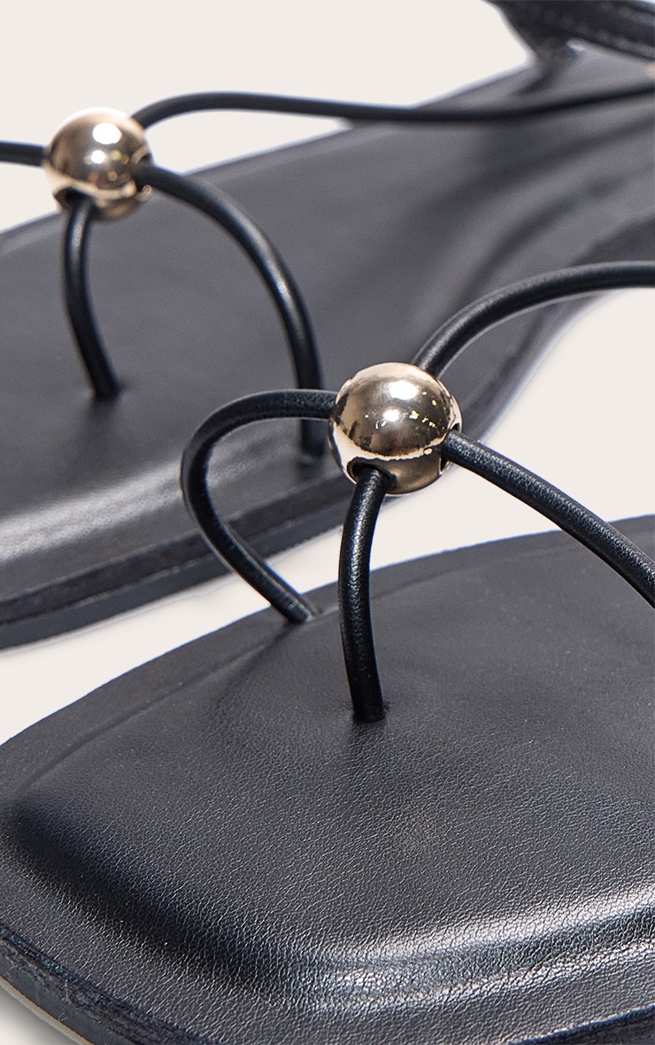 Black Pu Square Toe Thong Gold Trim Flat Sandals | Footwear | PLT