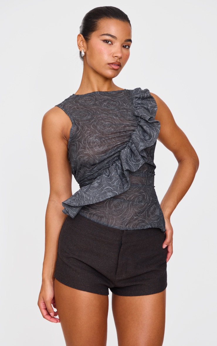 Grey Textured Fitted Chiffon Ruffle Long Top | Tops | PrettyLittleThing