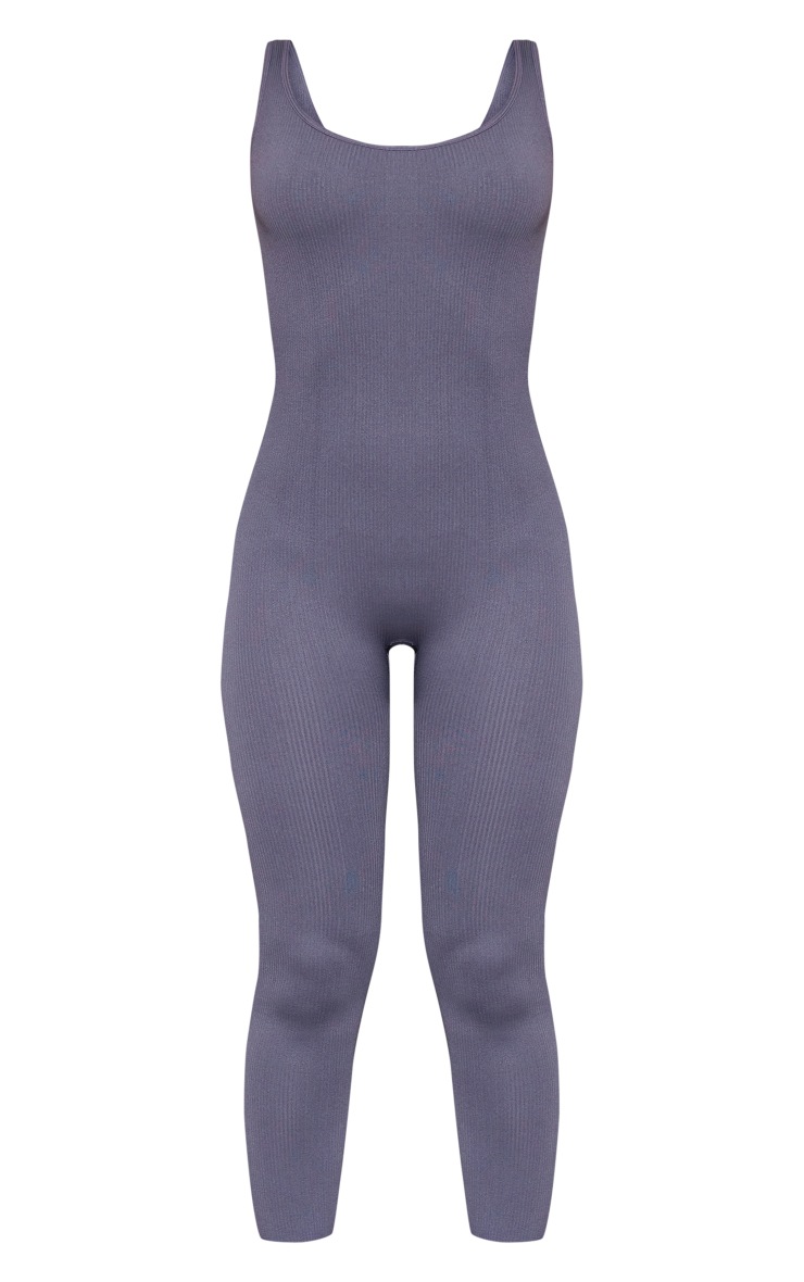 Steel Blue Structured Contour Rib Jumpsuit | PrettyLittleThing