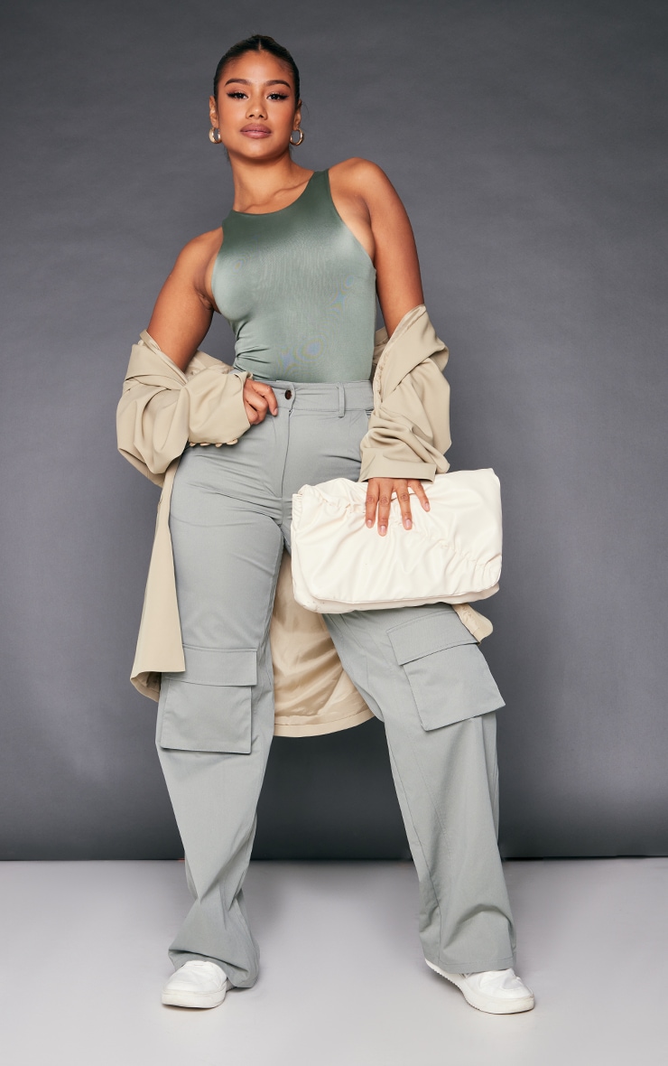 Moss Khaki Slinky Racer Bodysuit | Tops | PrettyLittleThing USA
