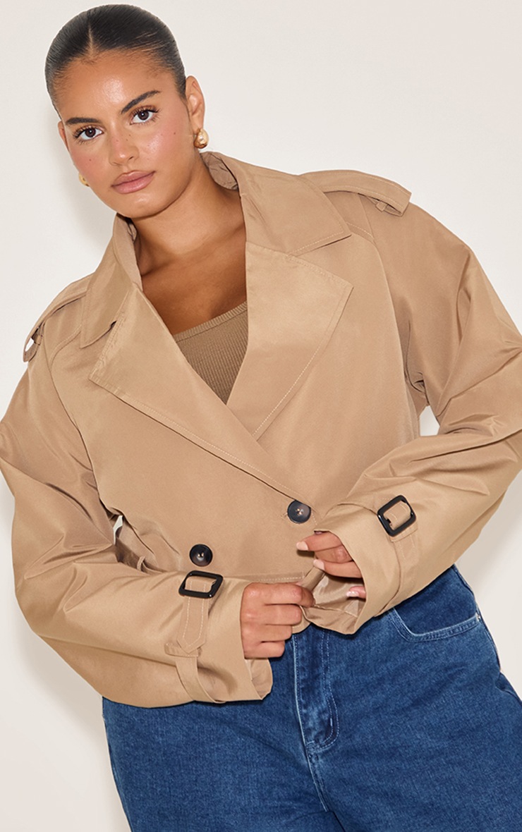Plus Taupe Belted Cropped Trench Coat | Plus Size | PrettyLittleThing AUS