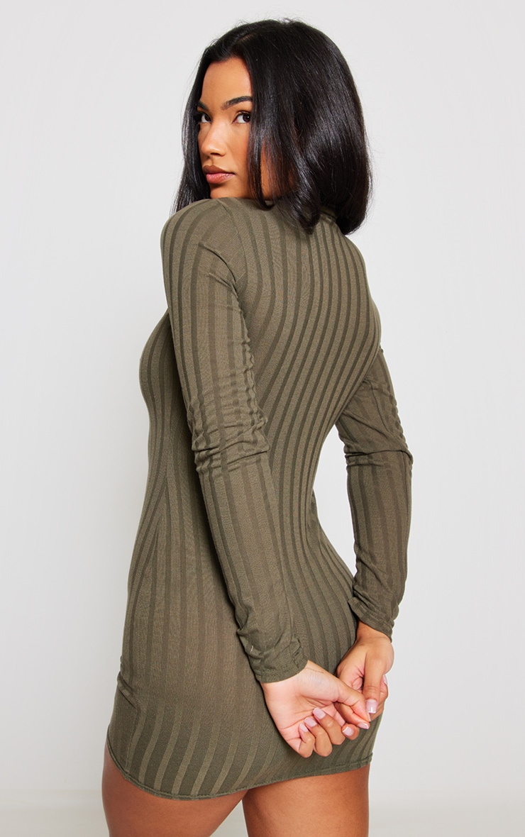 Khaki Zip Neck Ribbed Mini Bodycon Dress | PrettyLittleThing USA