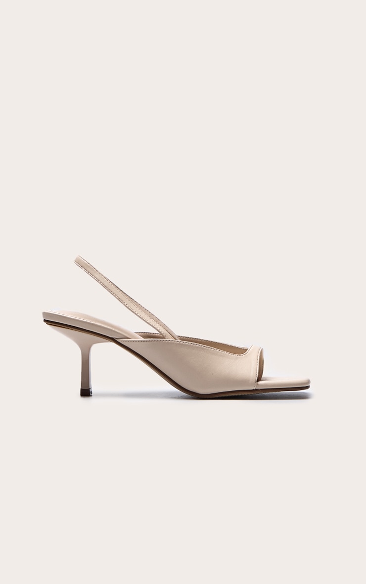 Cream Pu Square Toe Sling Back Mid Heeled Sandals | Footwear | PLT
