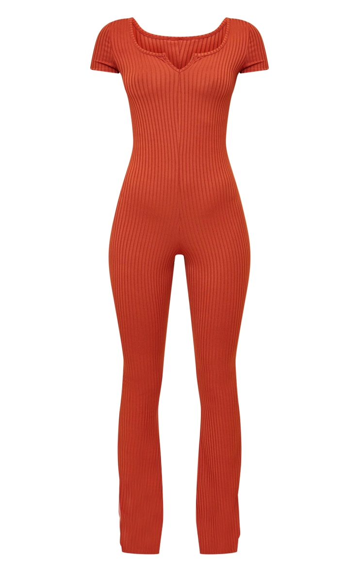 Rust Cap Sleeve V Neck Rib Flared Jumpsuit | Dresses | PLT
