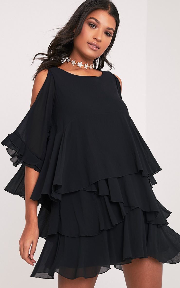 Tessa Black Cold Shoulder Ruffle Swing Dress | PrettyLittleThing