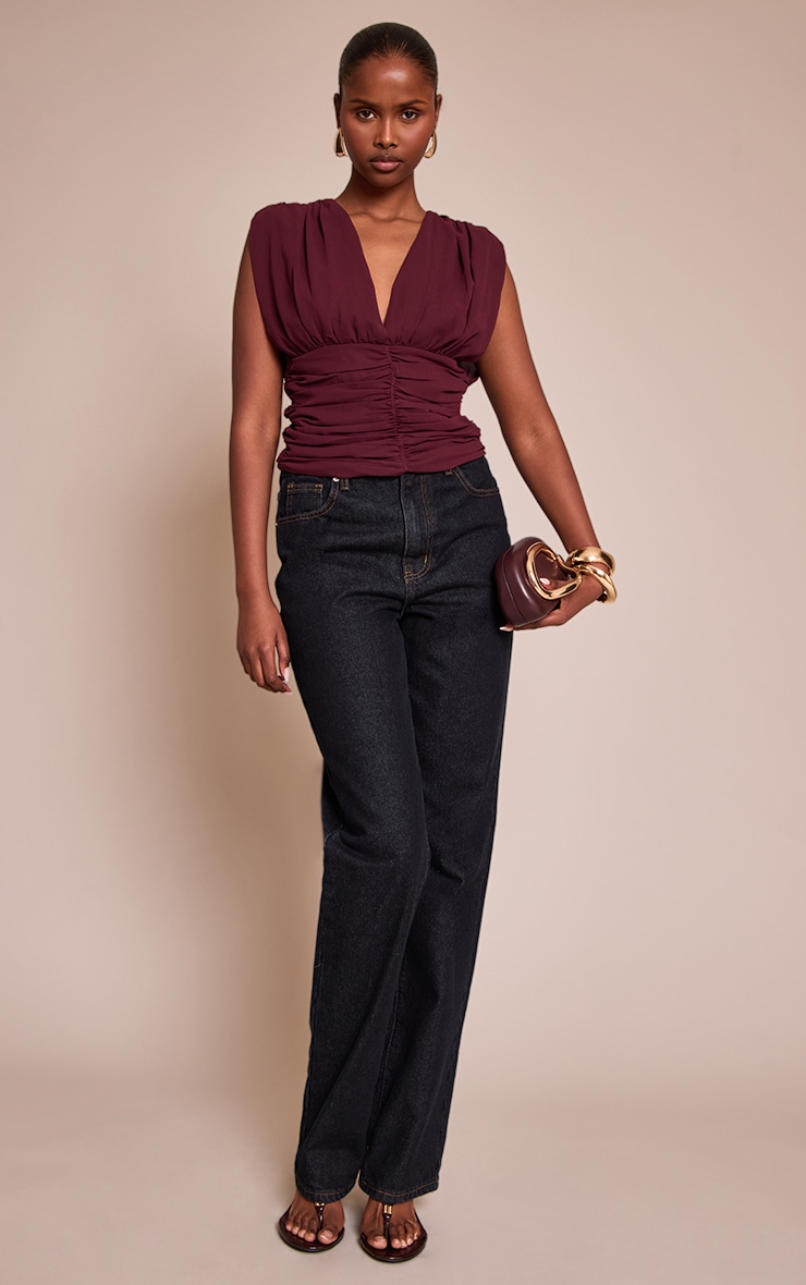 Wine Chiffon Plunge Ruched Bodice Top | Tops | PLT