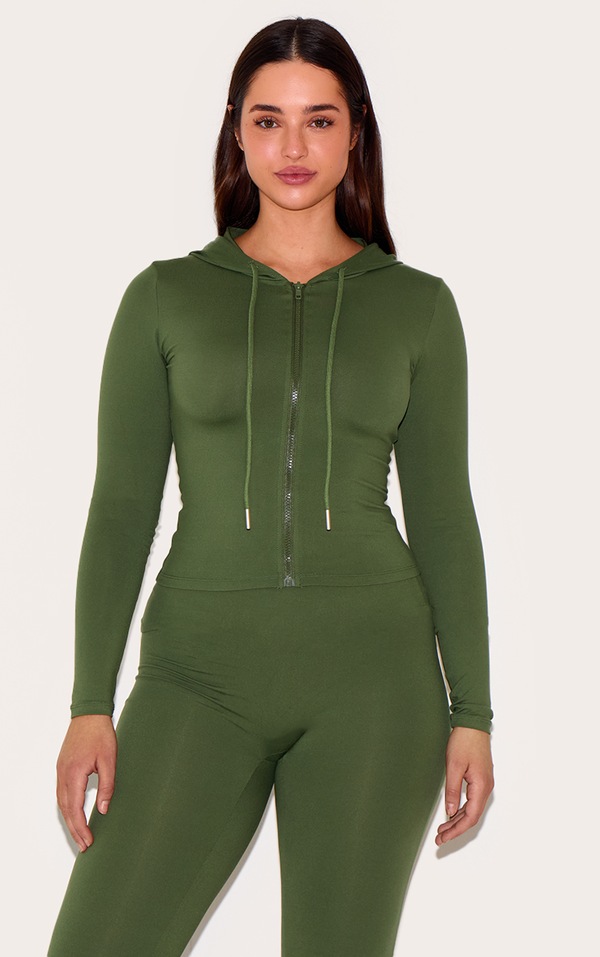 Shape Khaki Sculpted Zip Through Hoodie | Shape | PrettyLittleThing CA